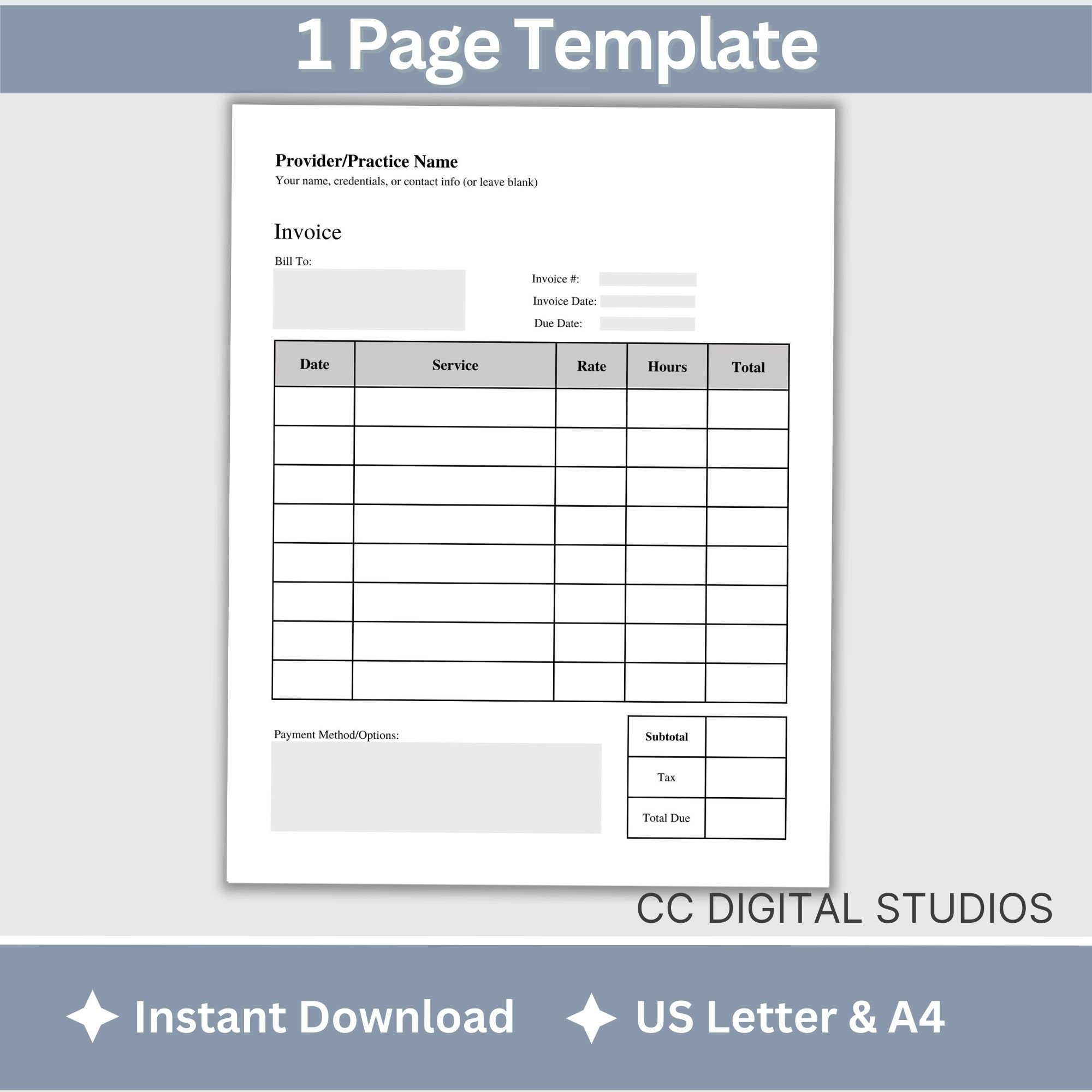 Therapist Billing Invoice Template: Fillable PDF, US Letter & A4 ...