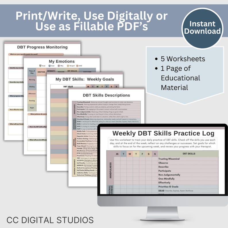 DBT Skills Worksheets: Therapy Cheat Sheet, BPD Resources (printable ...