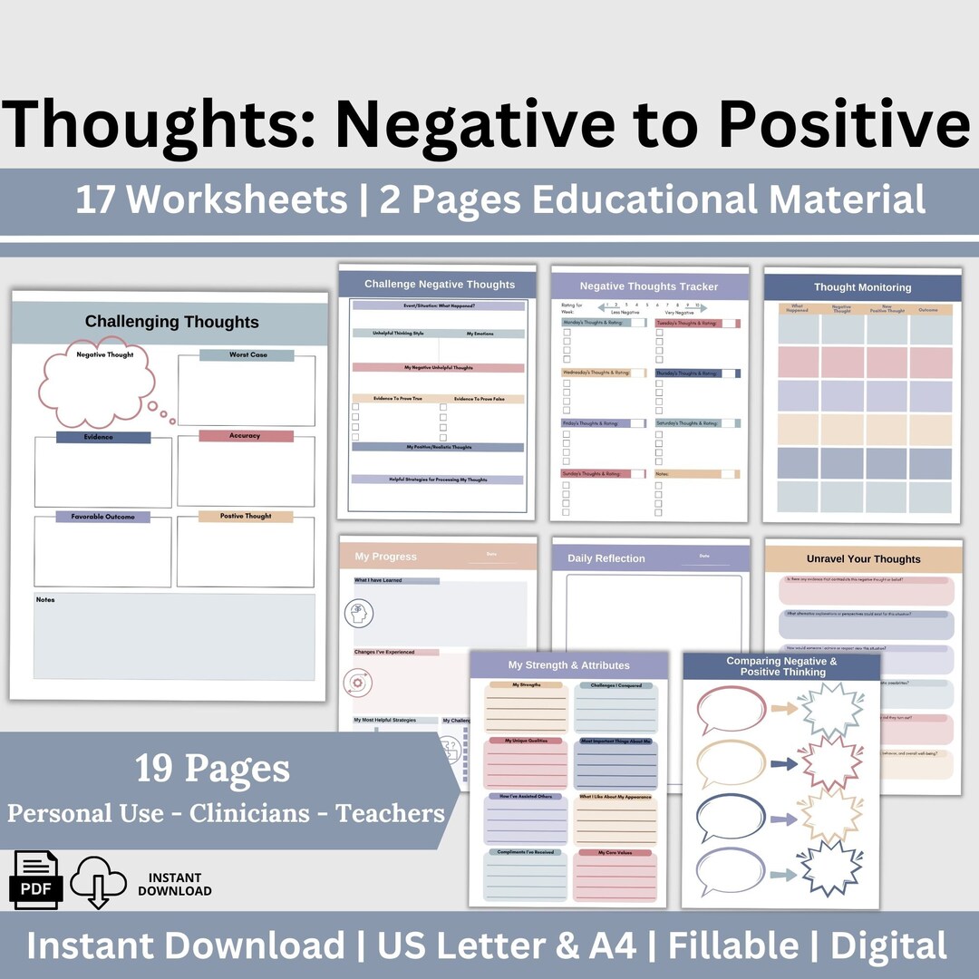 CBT Therapy Worksheets Challenge Negative Thoughts, Cognitive ...