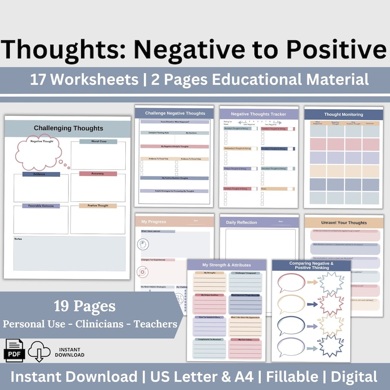 CBT Therapy Worksheets Challenge Negative Thoughts, Cognitive ...