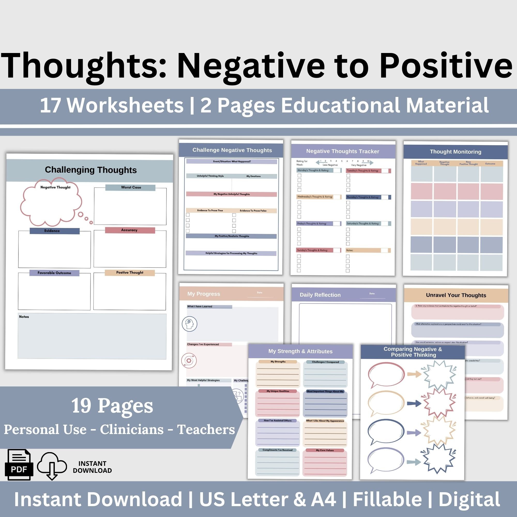 CBT Therapy Worksheets Challenge Negative Thoughts, Cognitive ...