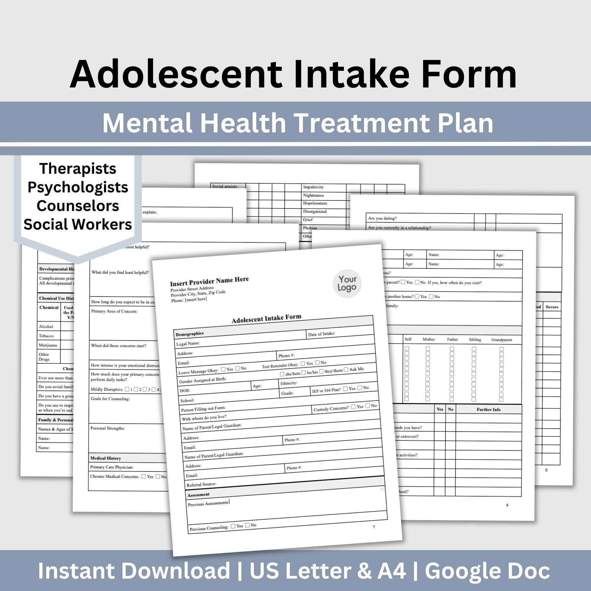 Adolescent Intake Form: Mental Health Therapist Template (google Doc ...