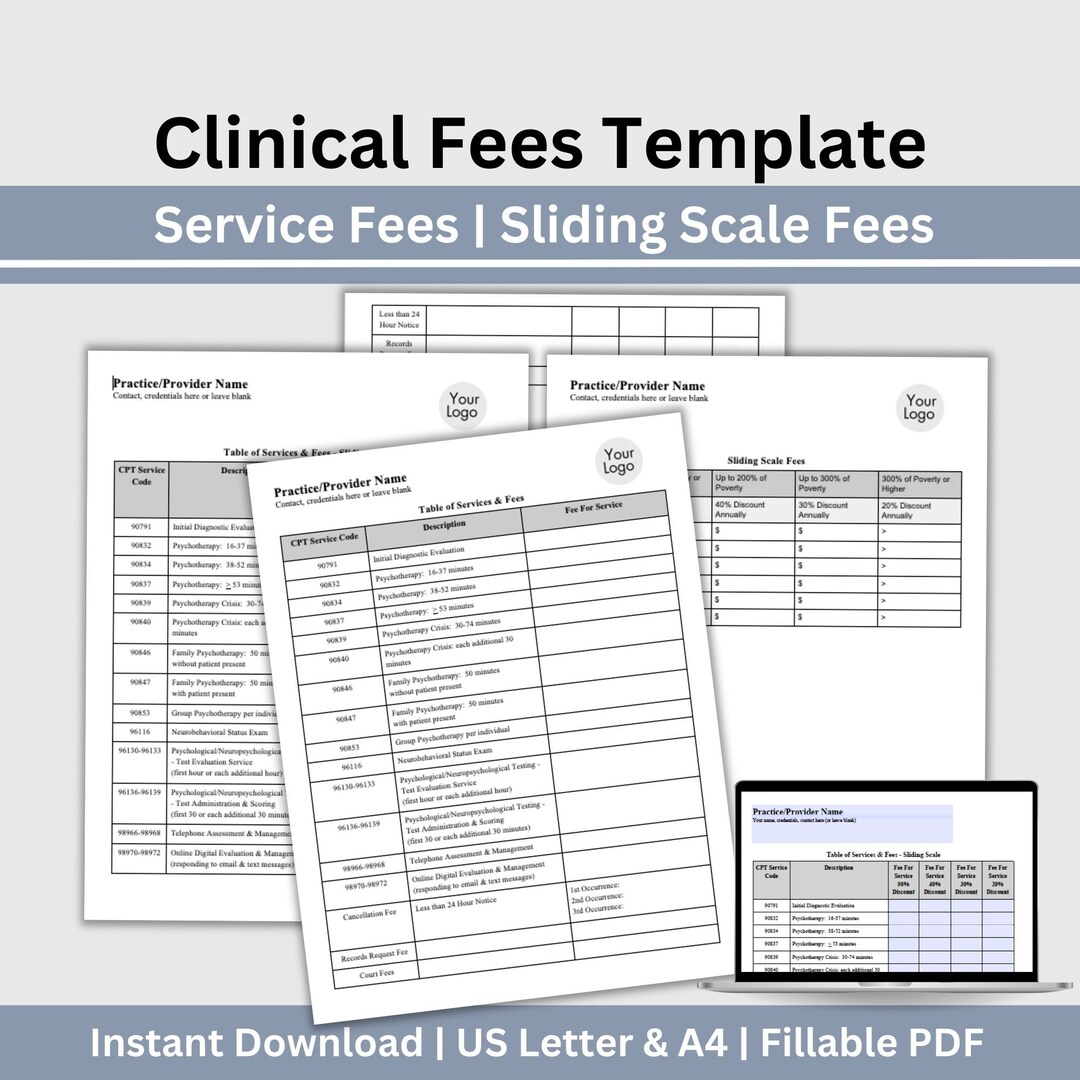 Clinical Fees Template, Sliding Fee Table, Fillable PDF, Therapy Tool ...