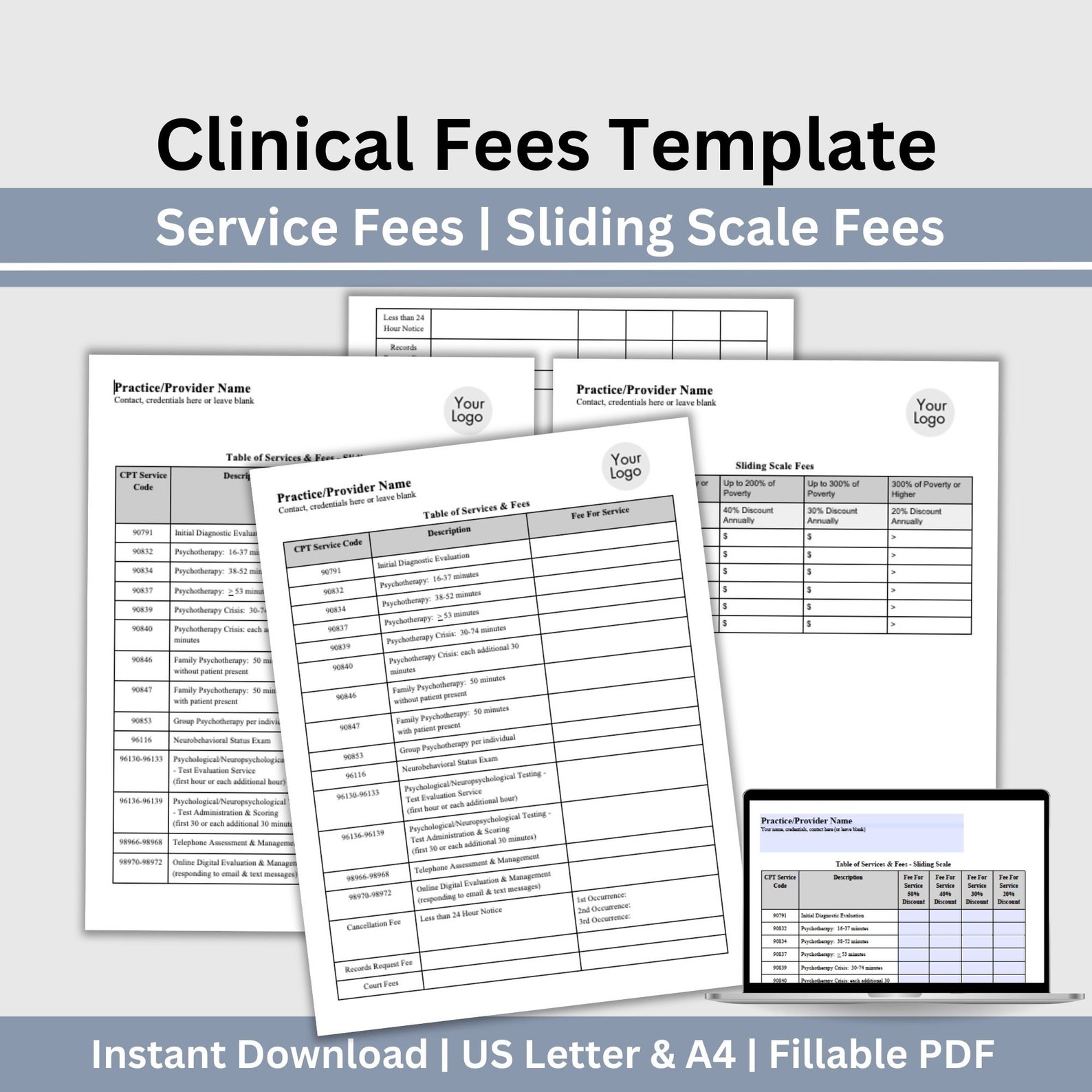 Clinical Fees Template, Sliding Fee Table, Fillable PDF, Therapy Tool ...