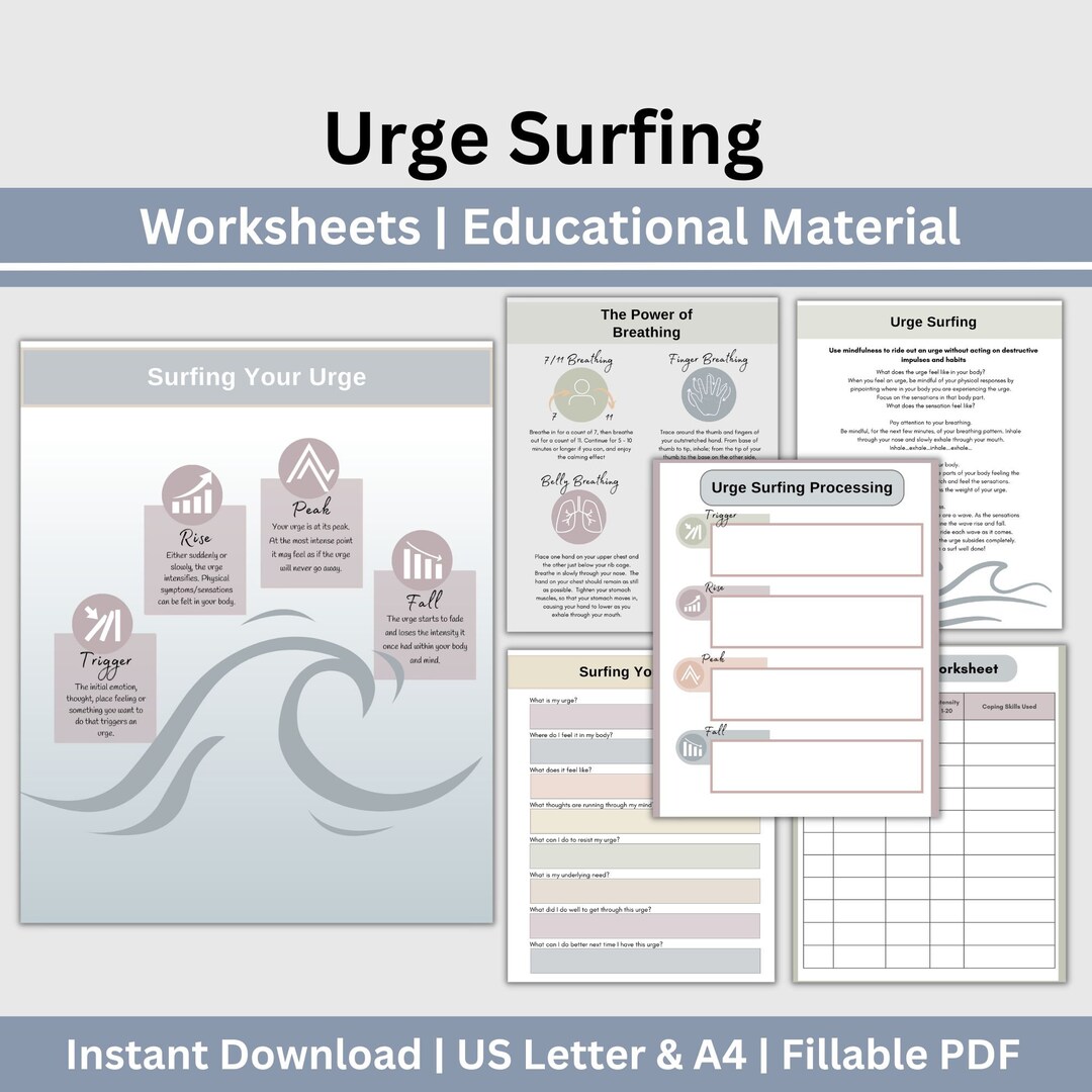 Urge Surfing CBT Worksheets: Addiction Recovery & Relapse Prevention ...