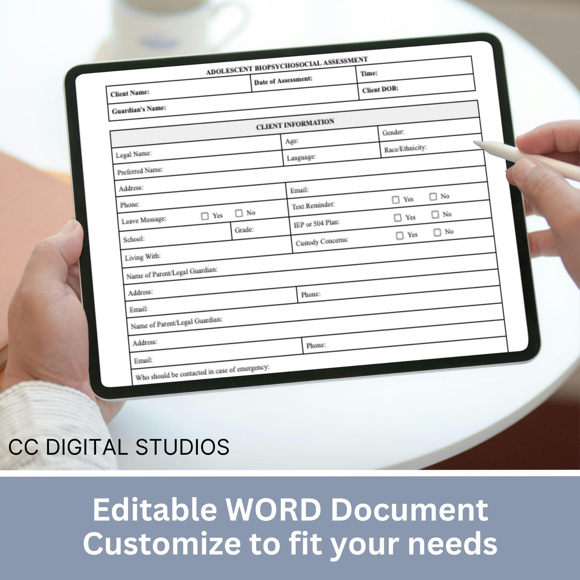 Adolescent Biopsychosocial Intake Form: Therapy Template (WORD Doc) - Etsy