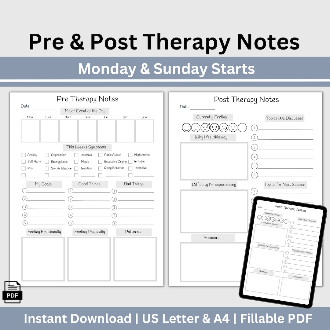 Pre & Post Therapy Notes, Therapy Session Log, Session Planner ...