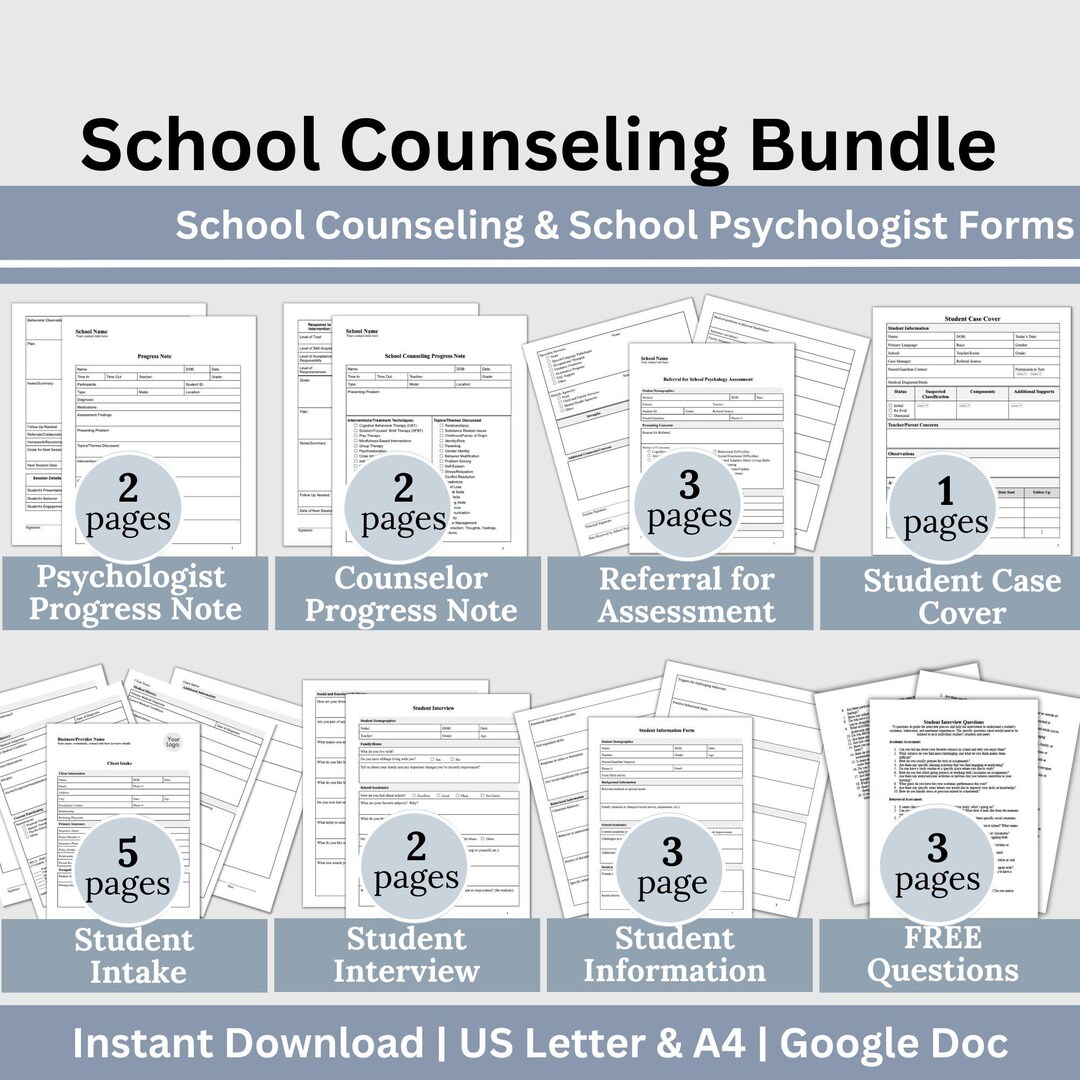 School Counselor Forms Bundle: Student Intake, Progress Notes (digital ...