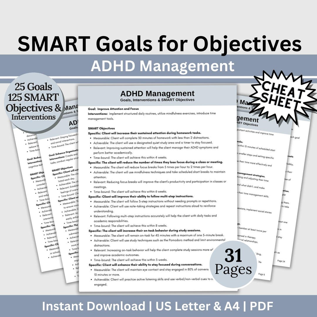 ADHD SMART Goals Planner Objectives Treatment Planning Tool for ADHD ...