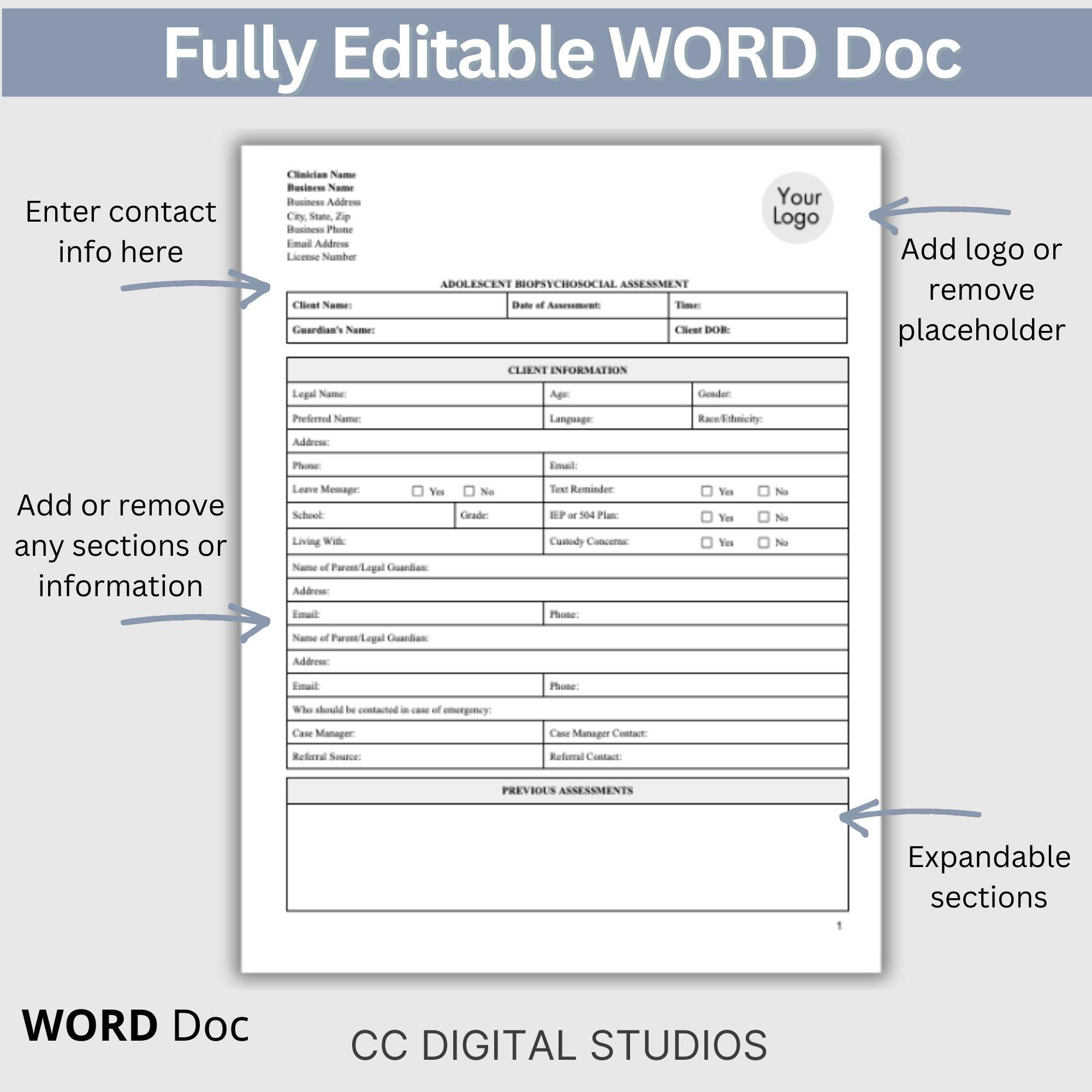 Adolescent Biopsychosocial Intake Form: Therapy Template (WORD Doc) - Etsy