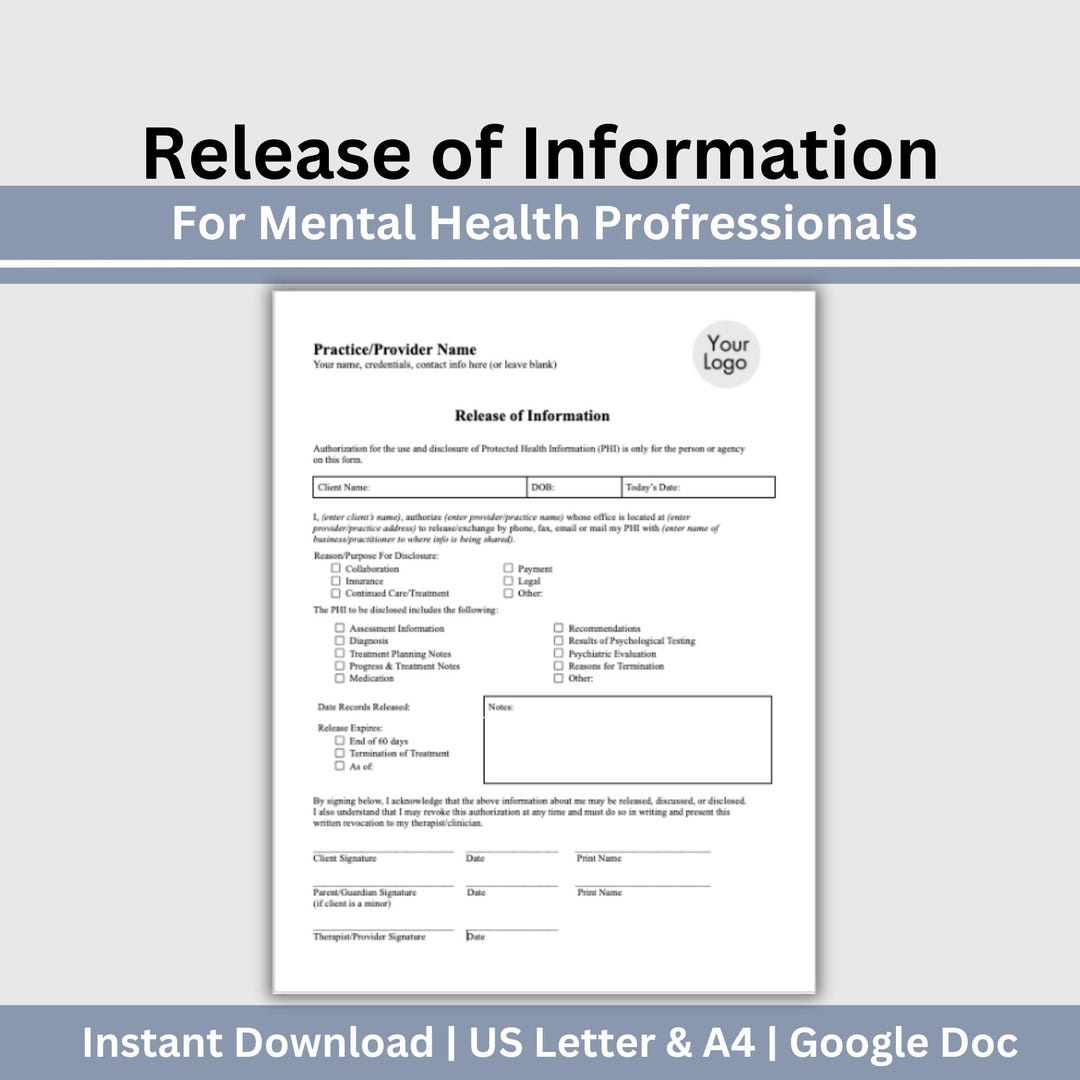 Editable Release of Information Form: Client Intake, Therapist Office ...