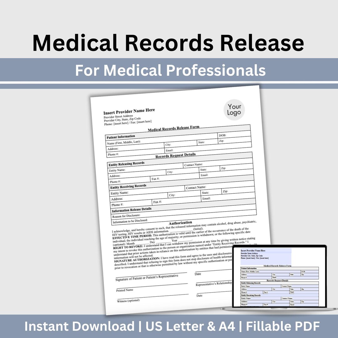 Medical Records Release Form: Printable Fillable PDF Template - Etsy