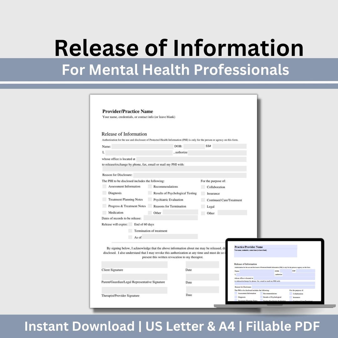 Mental Health Release of Information Form: HIPAA Compliant (fillable ...