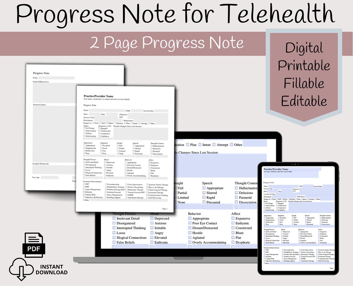 Telehealth Progress Notes for Therapists Printable & Fillable - Etsy Canada