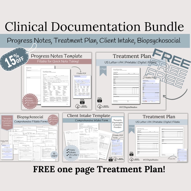 Clinician Documentation Bundle, SAVE 15%, Progress Notes, Client Intake ...