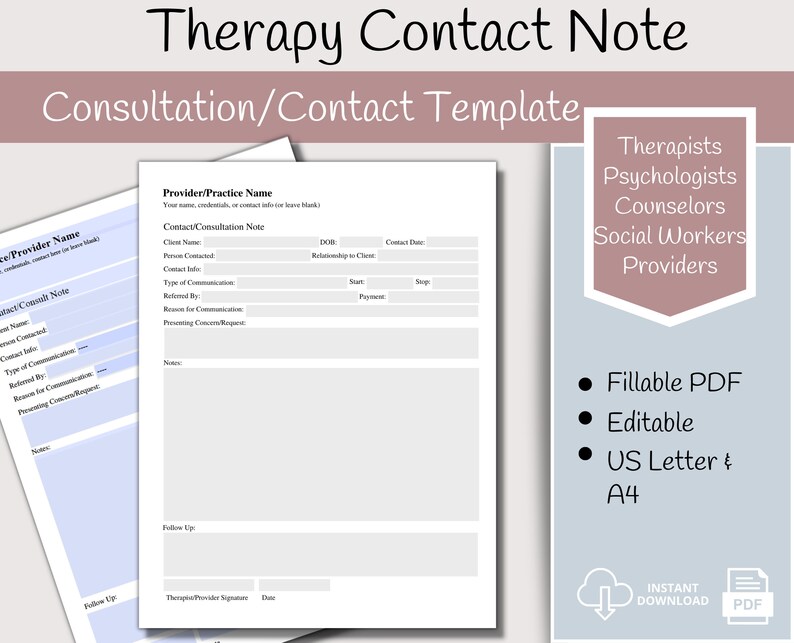 Therapy Contact Note Fillable PDF Consultation Form Therapy - Etsy