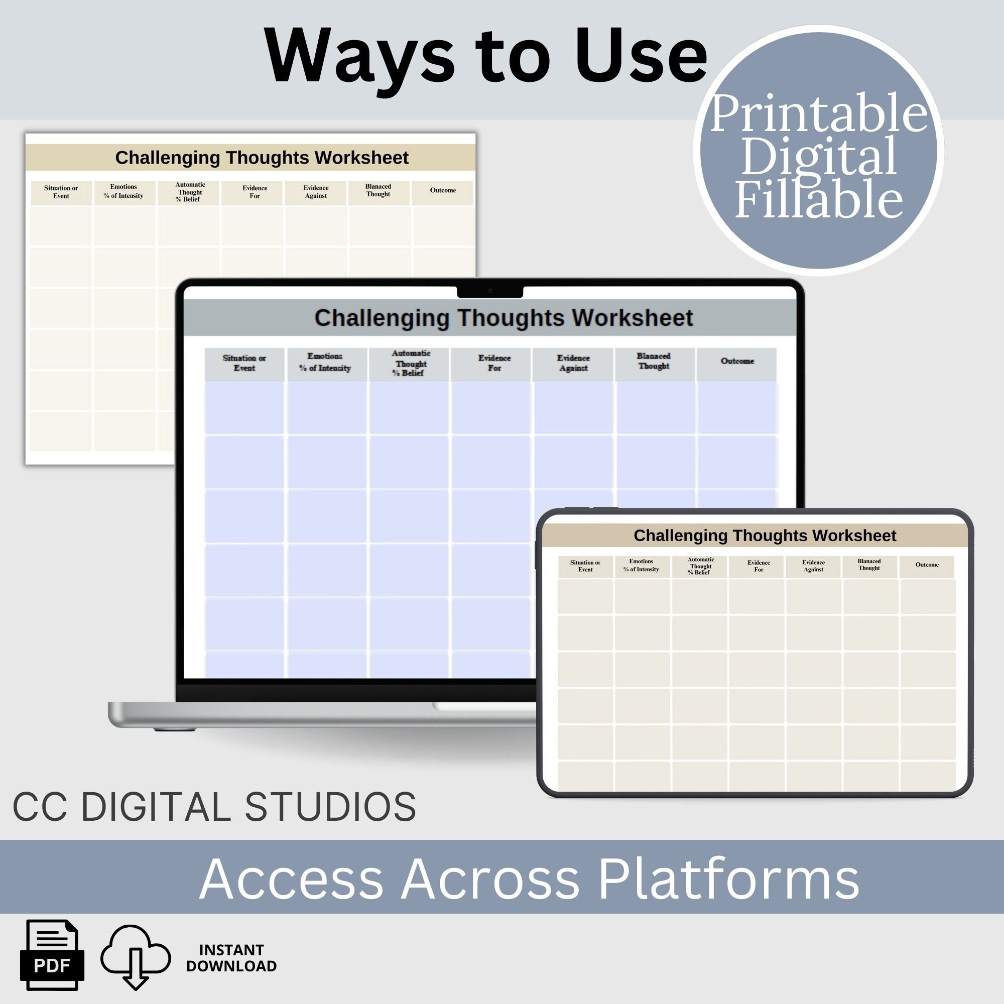 CBT Therapy Worksheets Challenge Negative Thoughts, Cognitive ...