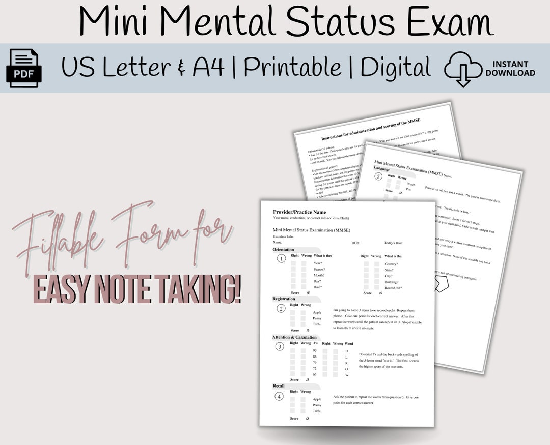 Mini Mental Status Exam MMSE for Providers Fillable Mental - Etsy Australia