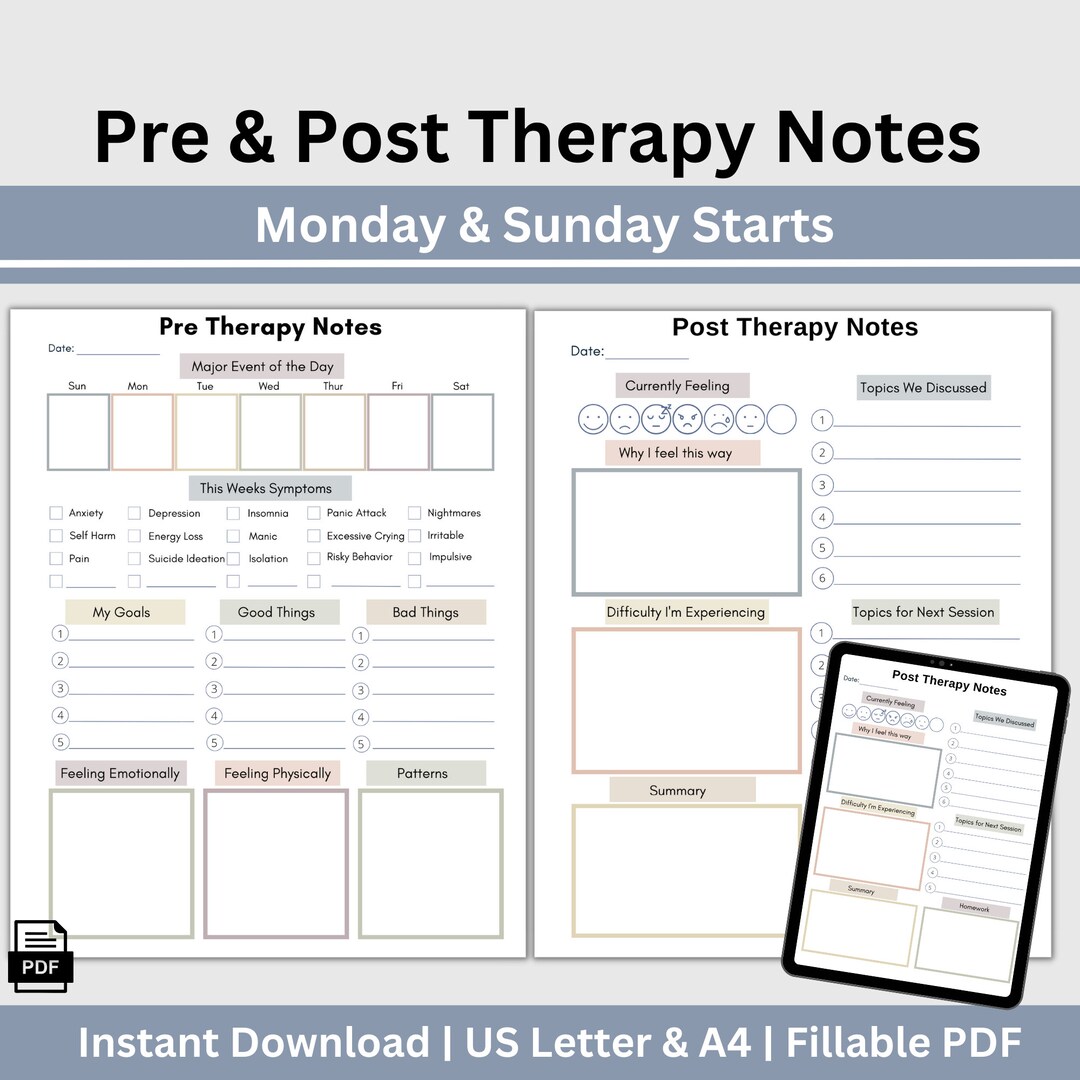 Pre & Post Therapy Notes, Therapy Session Log, Session Planner ...