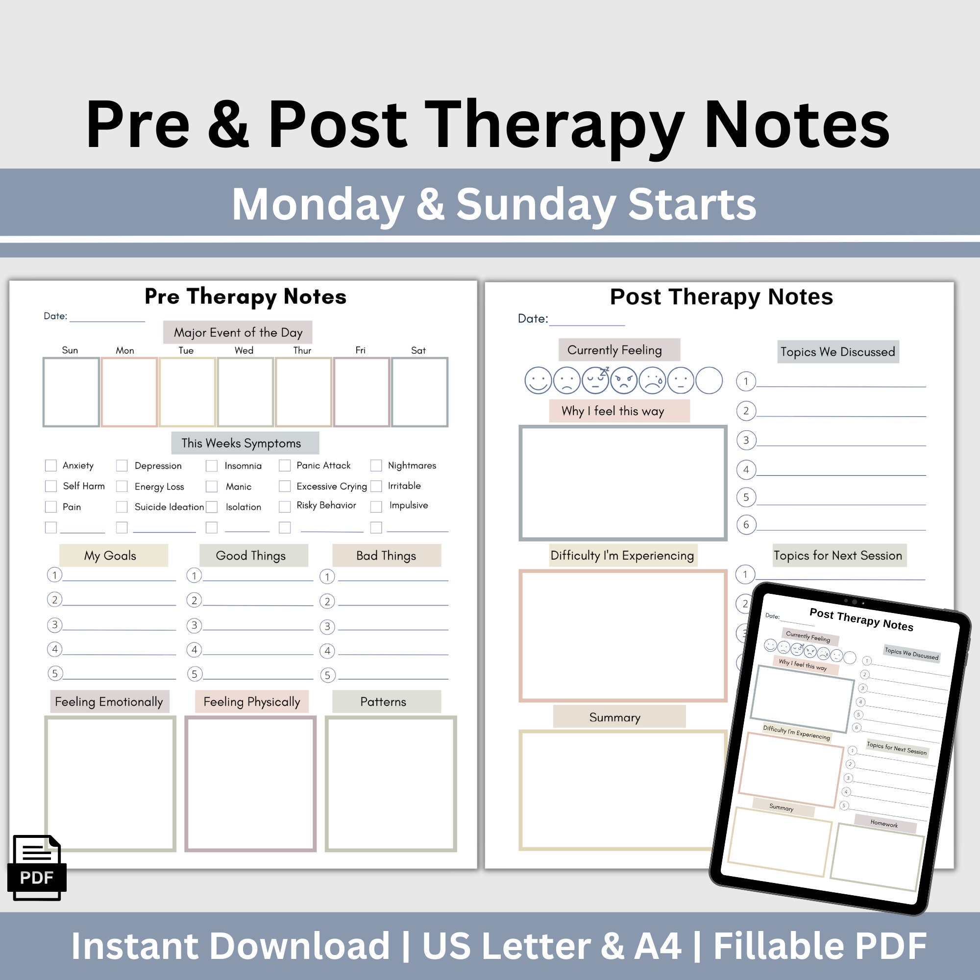 Pre & Post Therapy Notes, Therapy Session Log, Session Planner ...