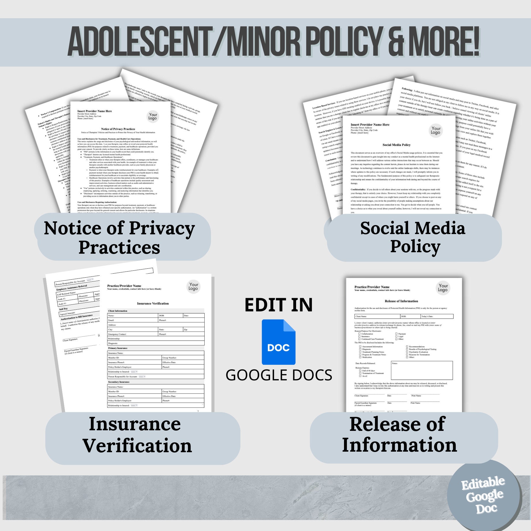 Adolescent Therapy Intake Forms and Consents BUNDLE, Editable Google ...