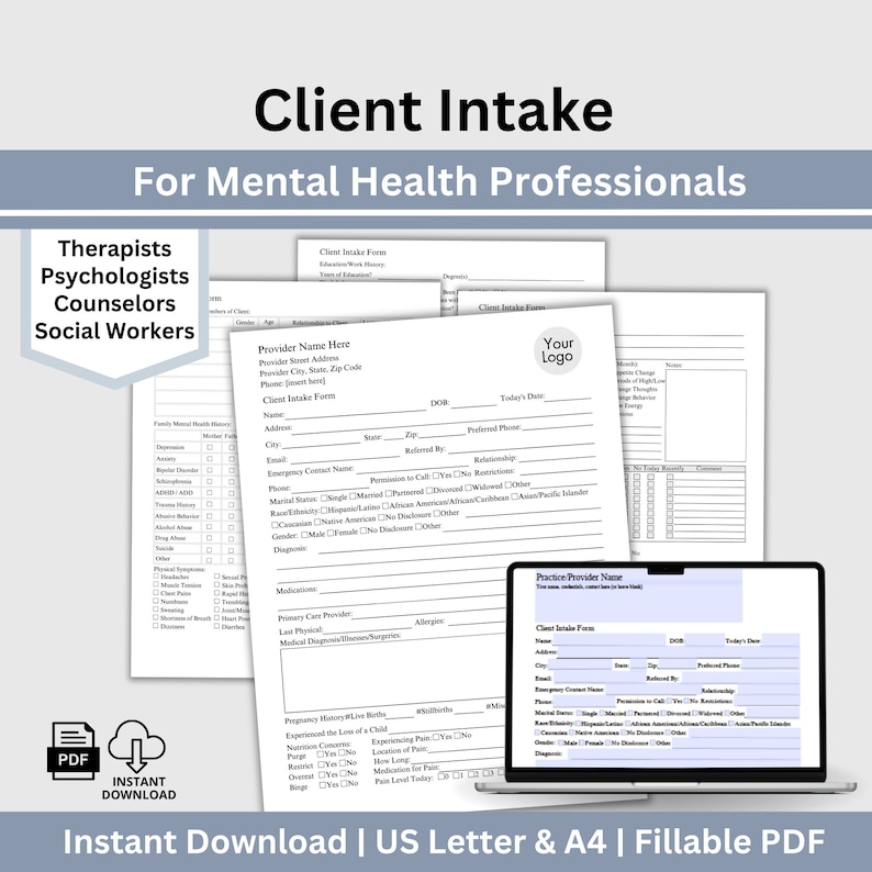 Client Intake Form Fillable PDF for Therapist Office, Private Practice ...