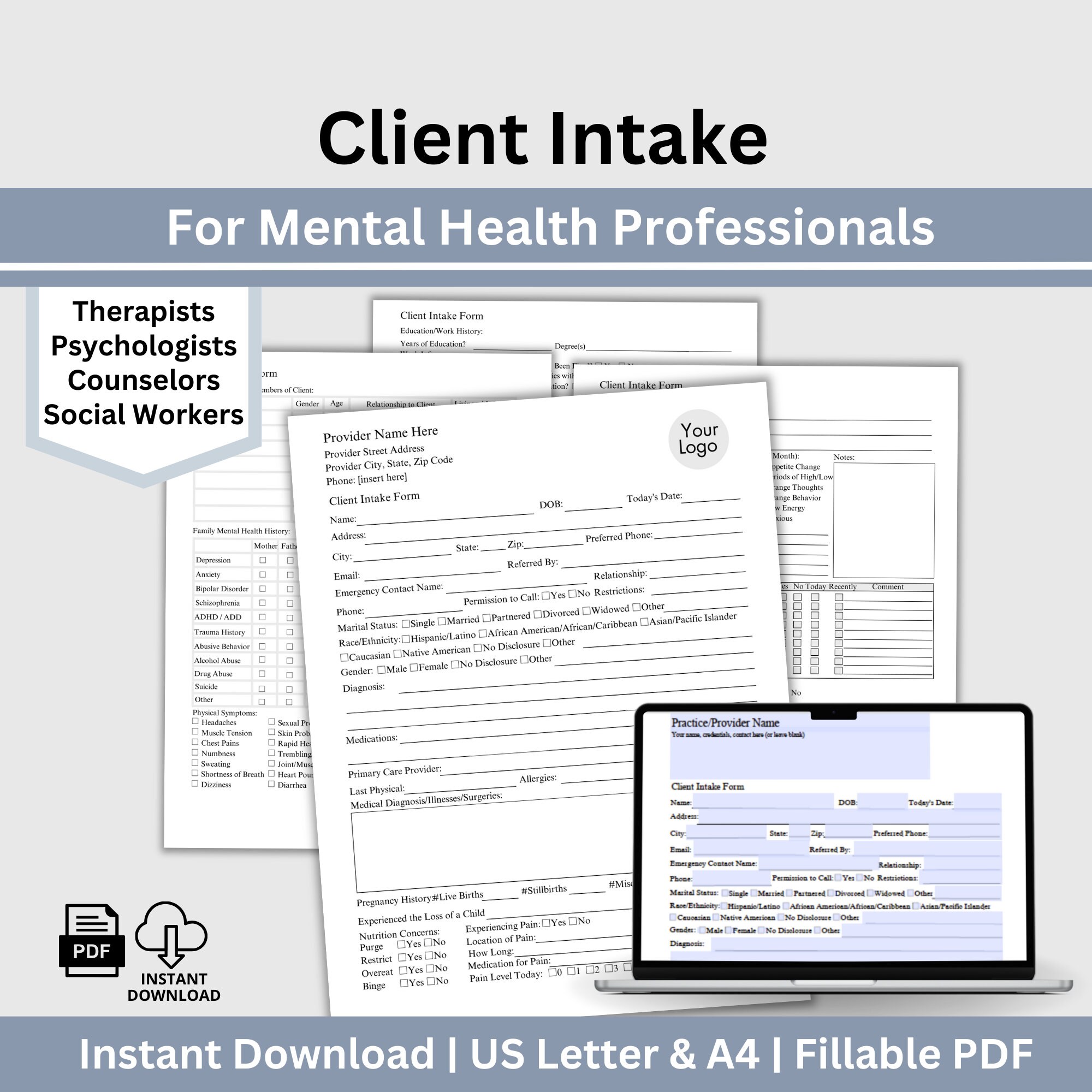 Client Intake Form Fillable PDF for Therapist Office, Private Practice ...