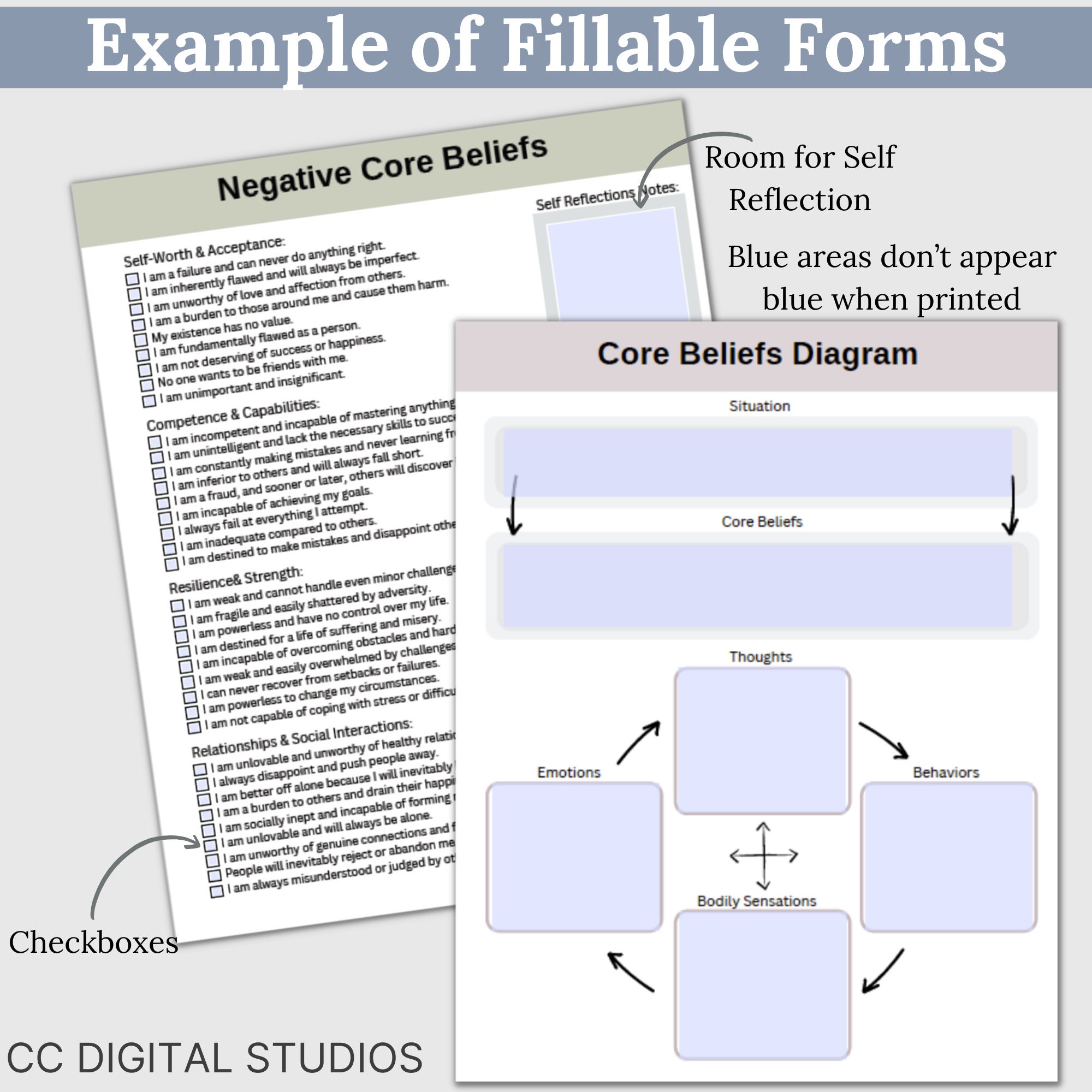 CBT Worksheets for Core Values, Mental Health Workbook, Limiting ...