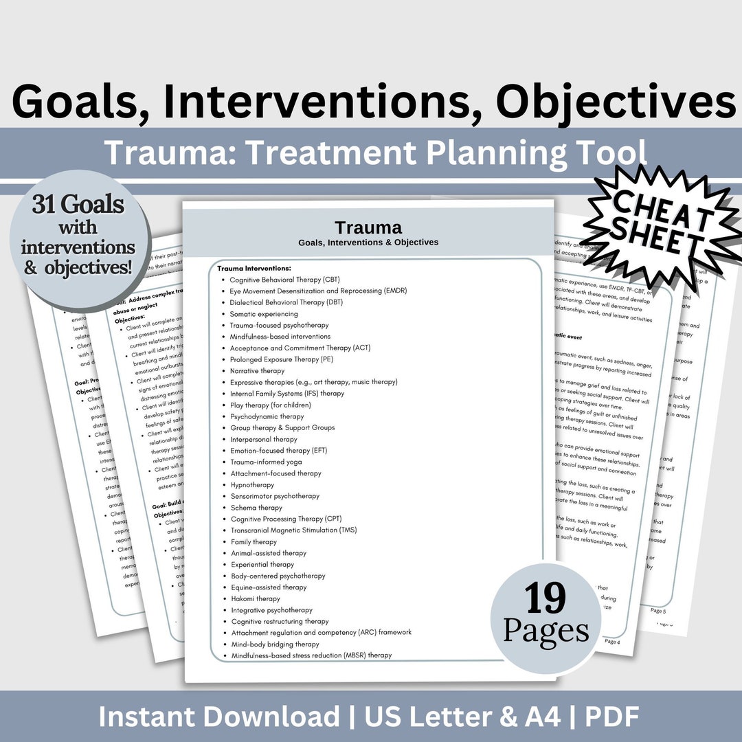 Trauma Therapy Cheat Sheet: Goals, Objectives, Interventions (printable ...