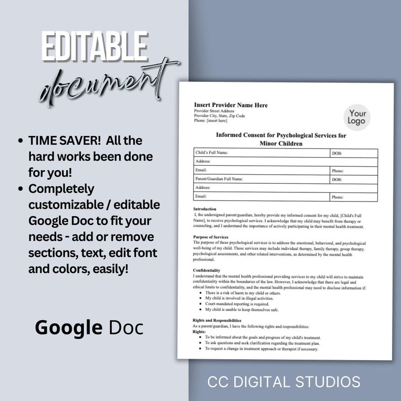 Minor Child Informed Consent Form: Editable Google Doc - Etsy