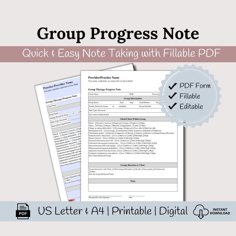 Group Progress Note Fillable Template For Counselors Group - Etsy