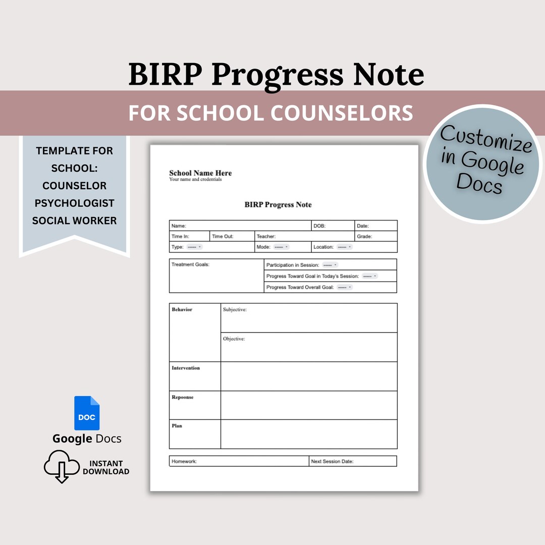 BIRP Progress Note for School Counselors, School Psychologist, School ...