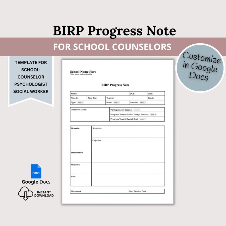 BIRP Progress Note for School Counselors, School Psychologist, School ...