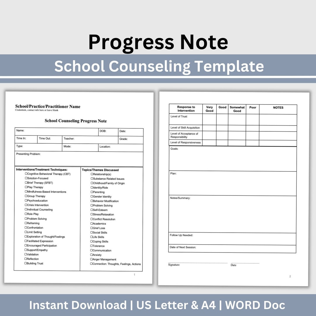 School Counselor Progress Note Template, Therapy Notes (US Letter & A4 ...