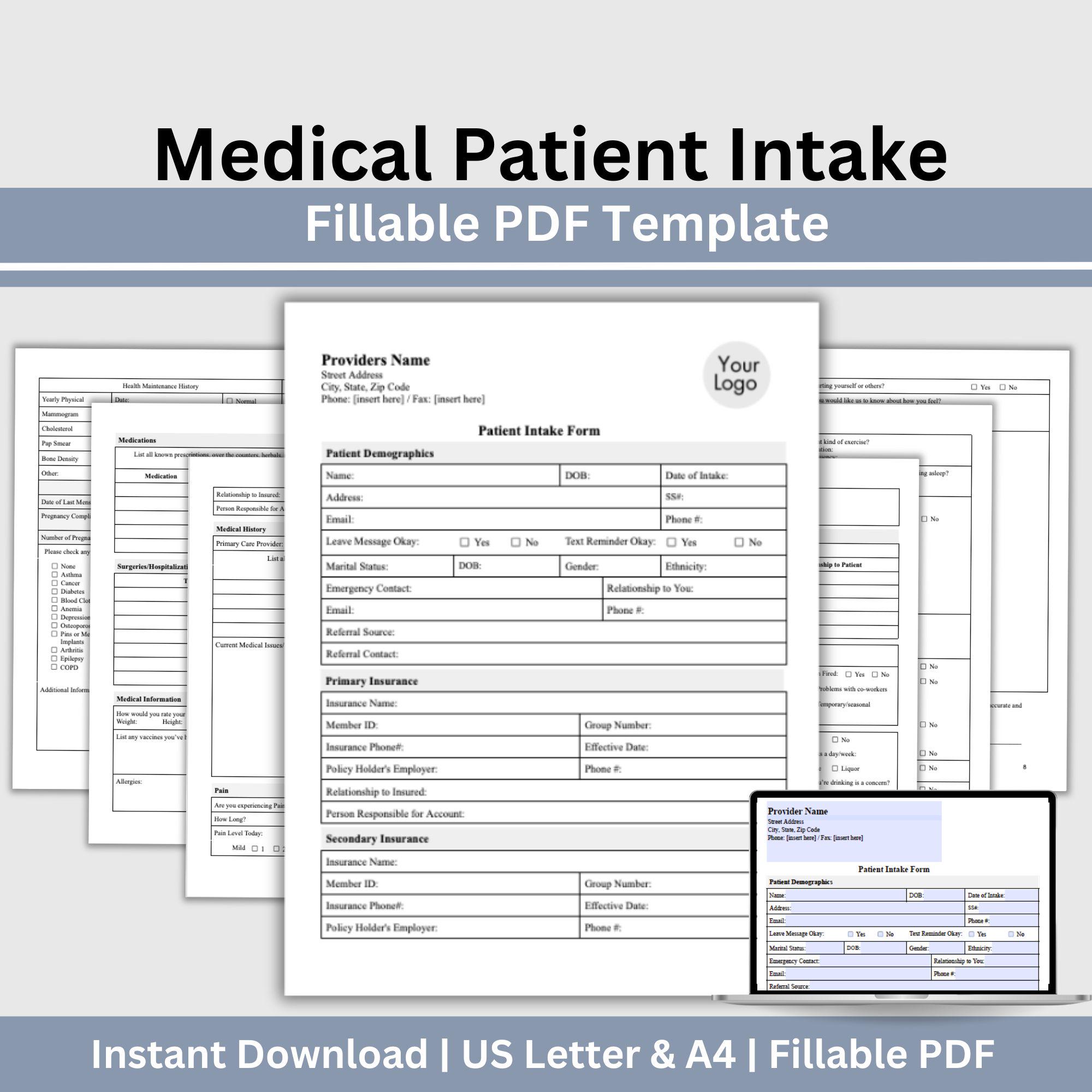 Patient Intake Form Template: Fillable Medical History PDF for Doctor's ...