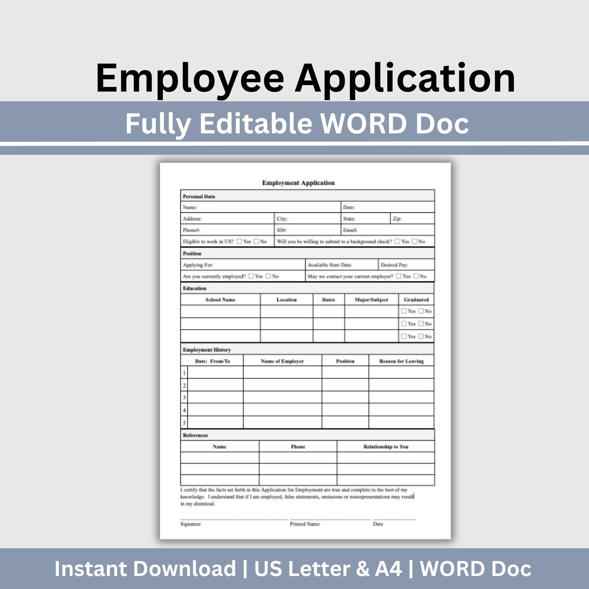 Editable Job Application Template: HR Employee Form (US Letter & A4 ...