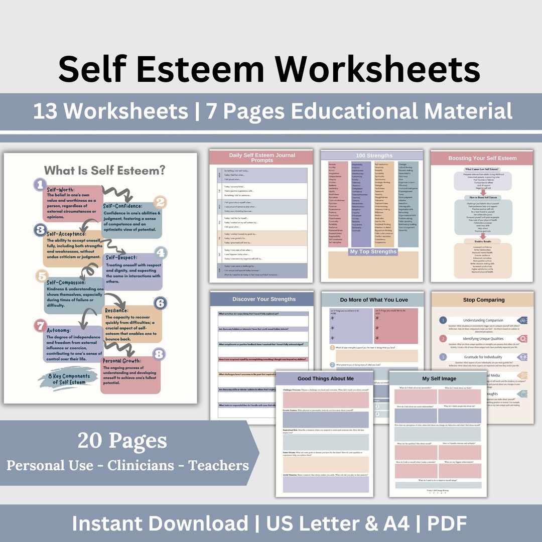 Self Esteem Therapy Worksheets: CBT, Self-love, School Counseling ...