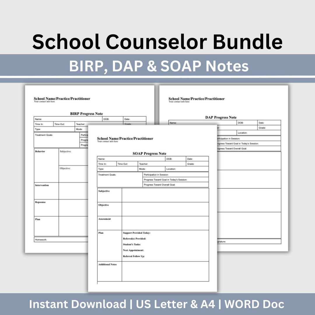 School Counselor Bundle of Progress Notes, BIRP Progress Note, SOAP ...