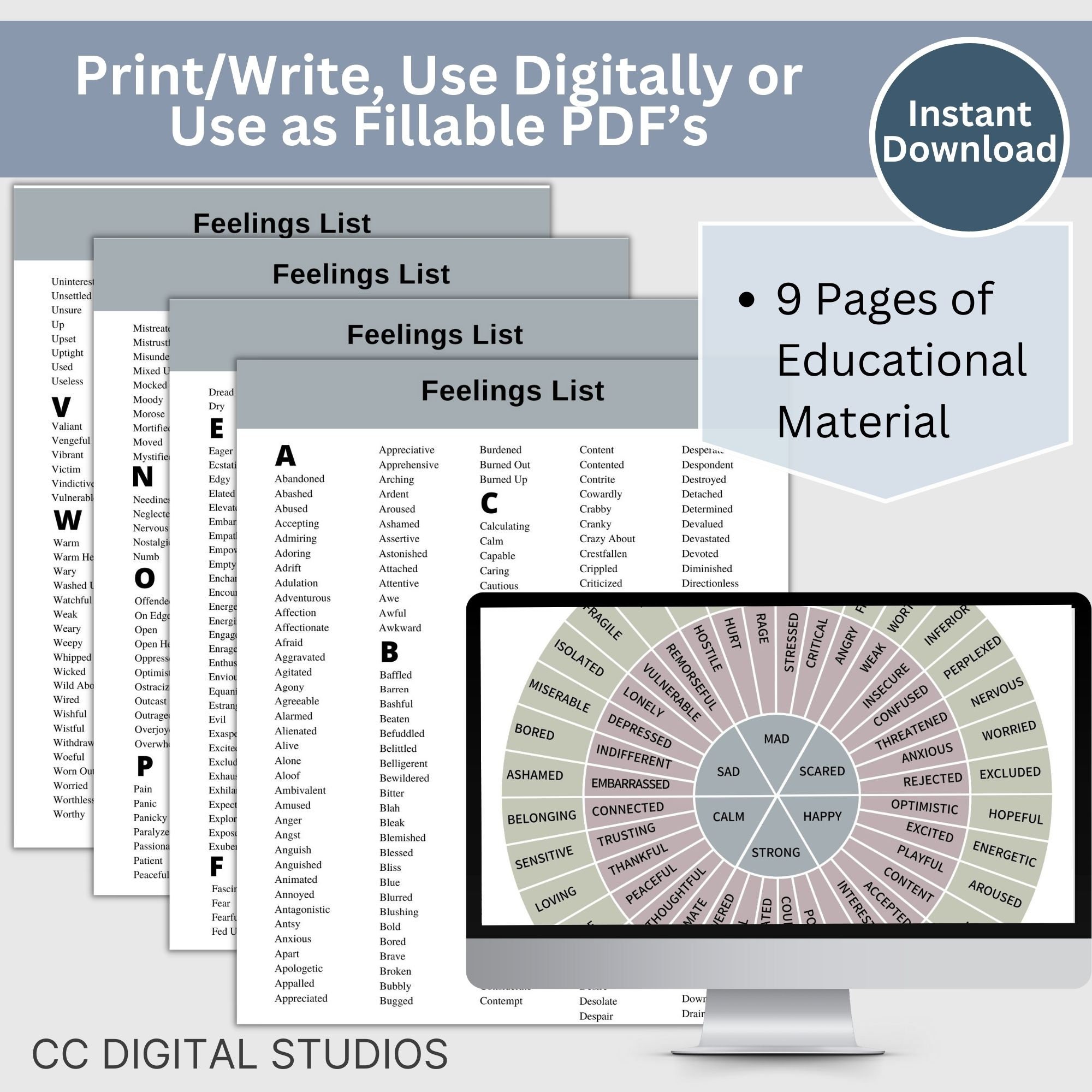 Emotion Wheel and Feelings List, Therapy Tool, Feelings Wheel ...