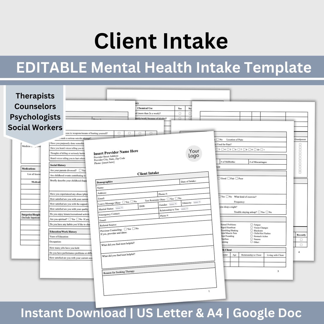 Mental Health Client Intake Form: Therapy Office Template (google Doc ...
