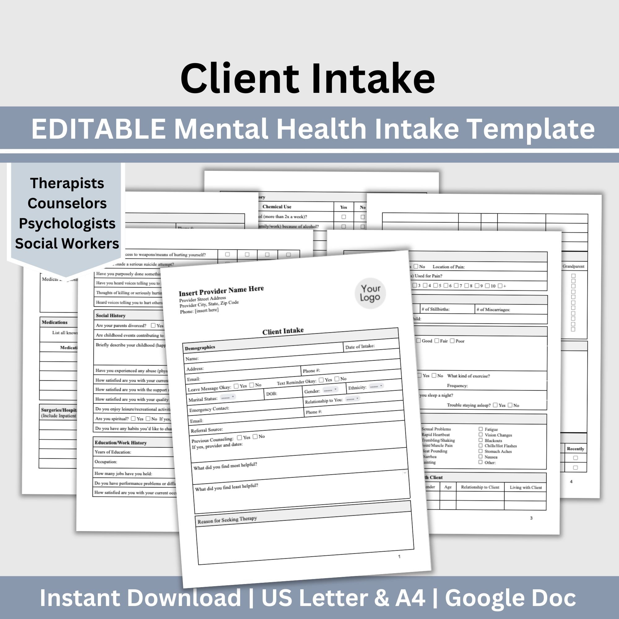 Mental Health Client Intake Form: Therapy Office Template (google Doc ...