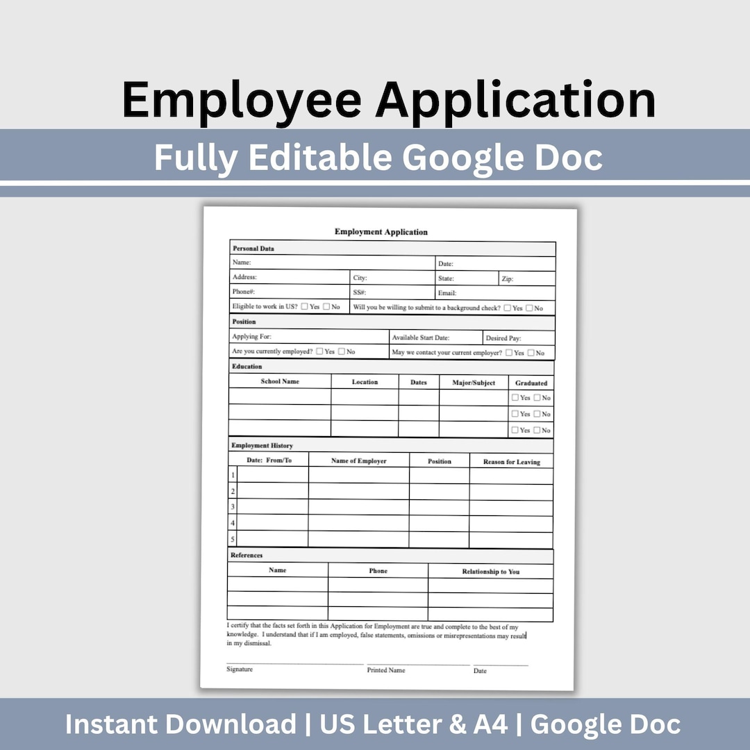 Editable Job Application Template: Google Docs HR Form (US Letter & A4 ...