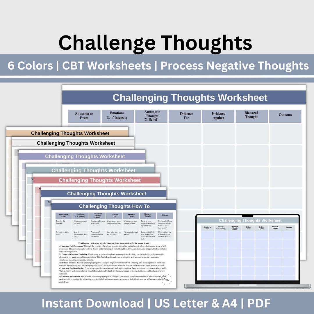 CBT Therapy Worksheets Challenge Negative Thoughts, Cognitive ...
