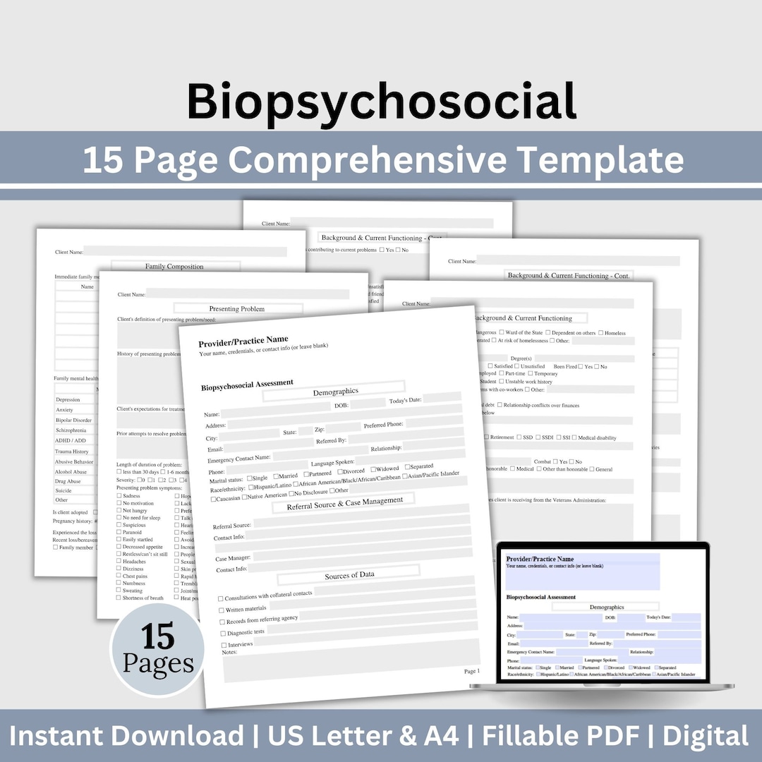 Biopsychosocial Intake Assessment Form: Fillable Therapist Template ...