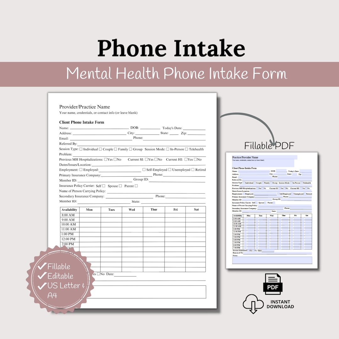 Client Intake Form, Phone Consult for Clinicians, Mental Health Client ...