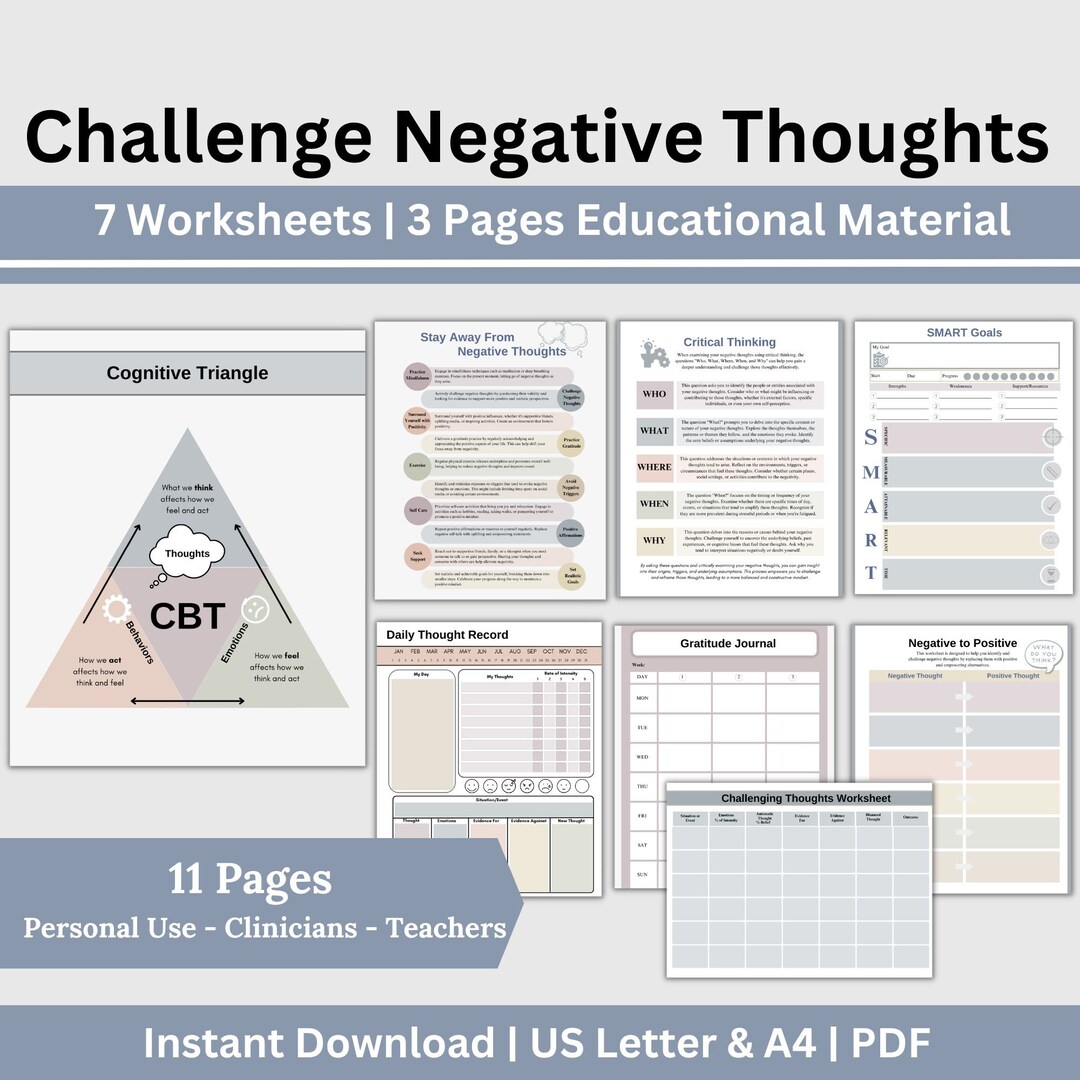 CBT Therapy Worksheets: Challenge Negative Thoughts, Cognitive ...