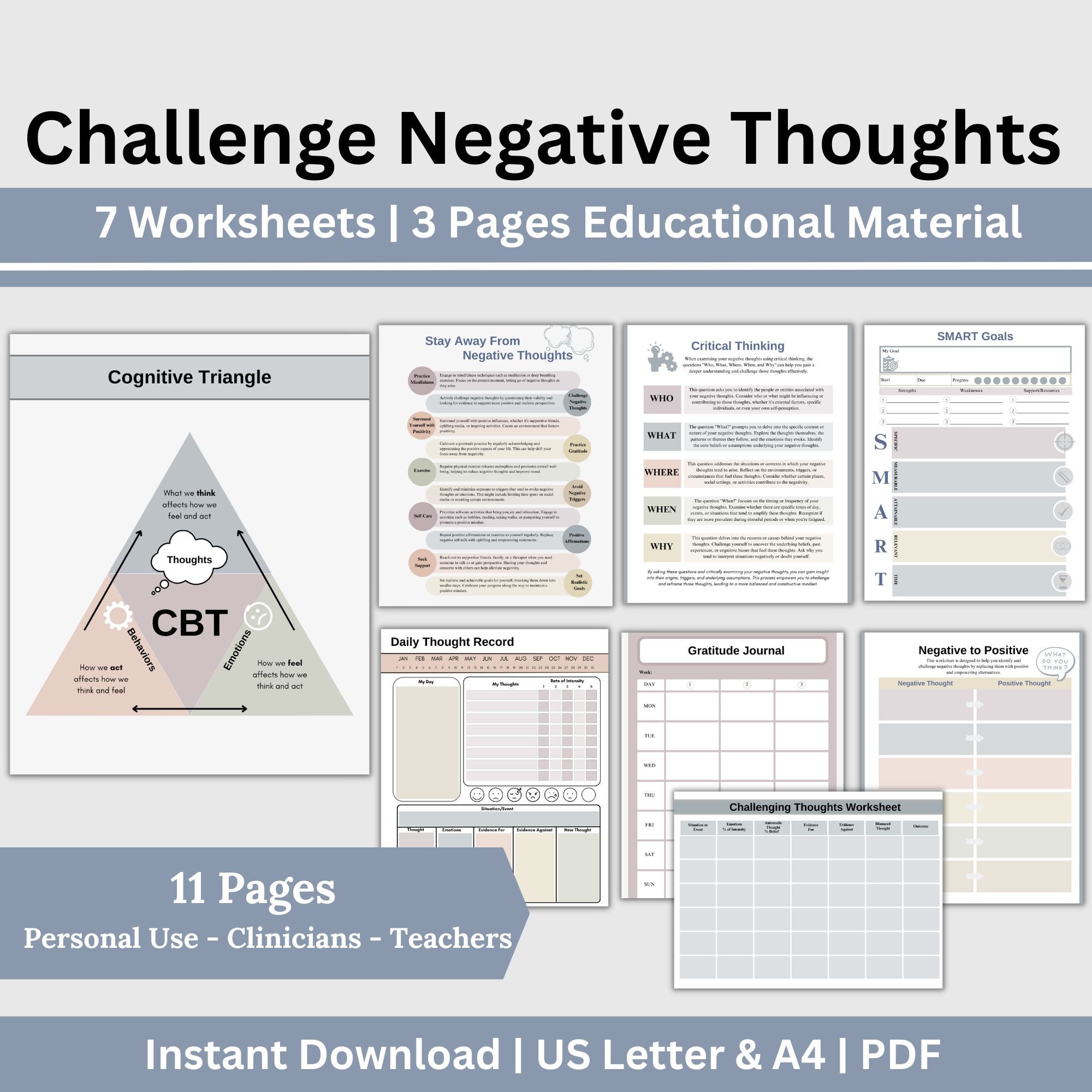 CBT Therapy Worksheets: Challenge Negative Thoughts, Cognitive ...