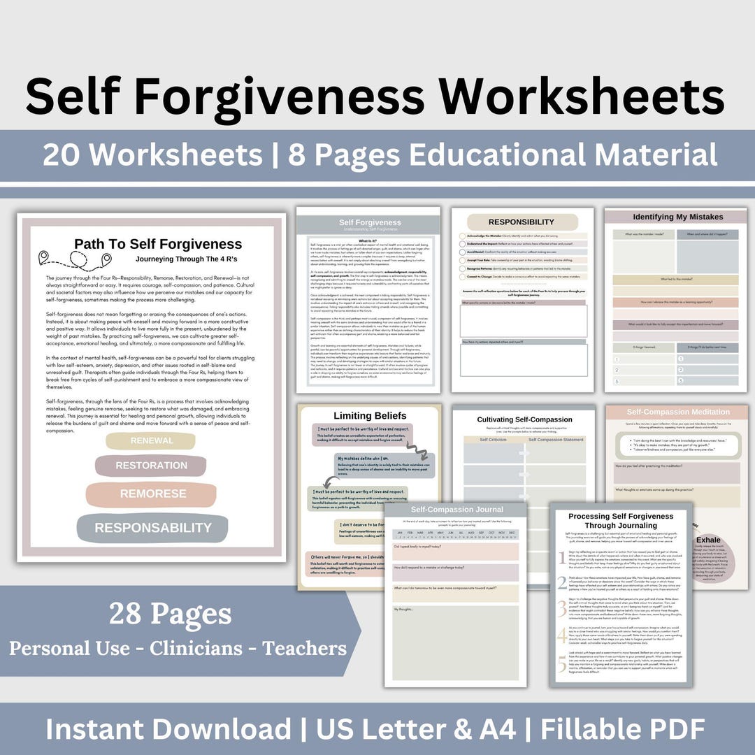 Self-forgiveness Therapy Workbook: CBT, Self-compassion (PDF Printable ...