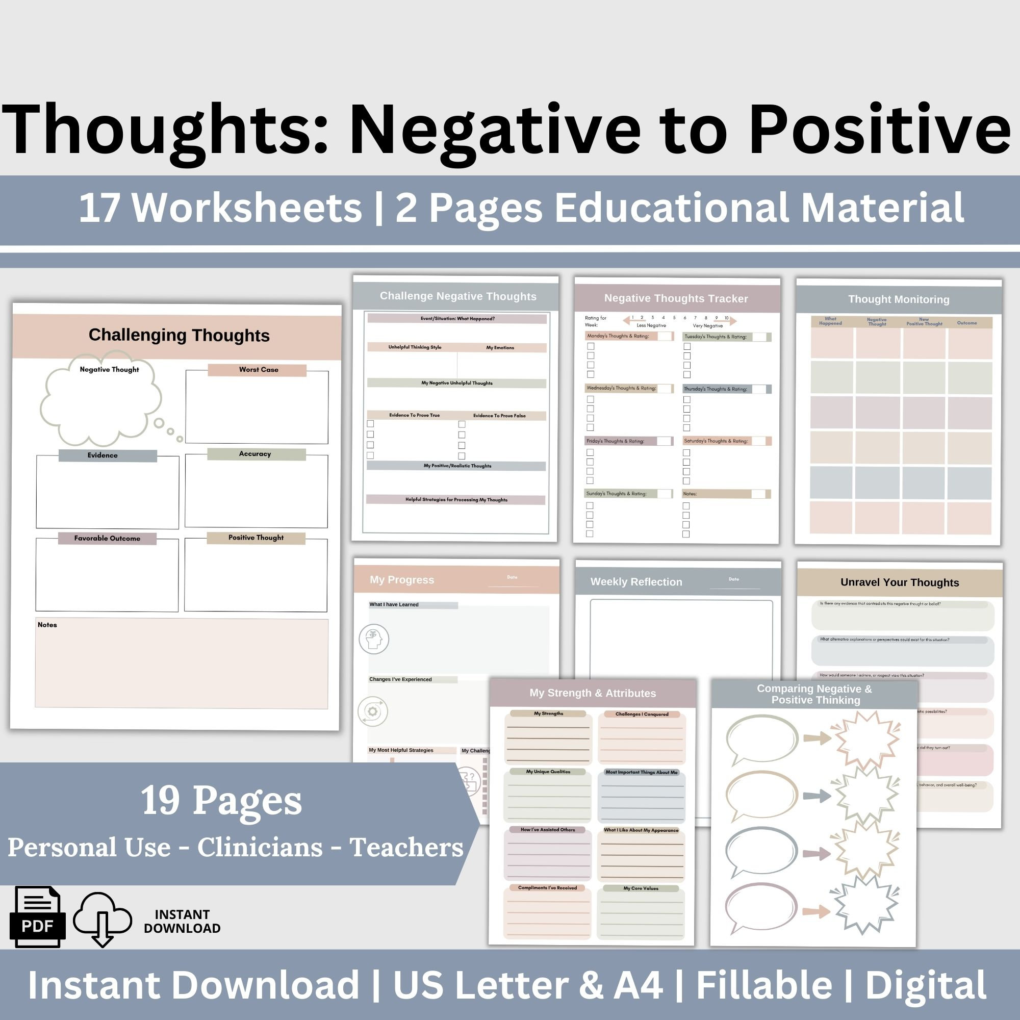 CBT Therapy Worksheets Challenge Negative Thoughts, Cognitive ...