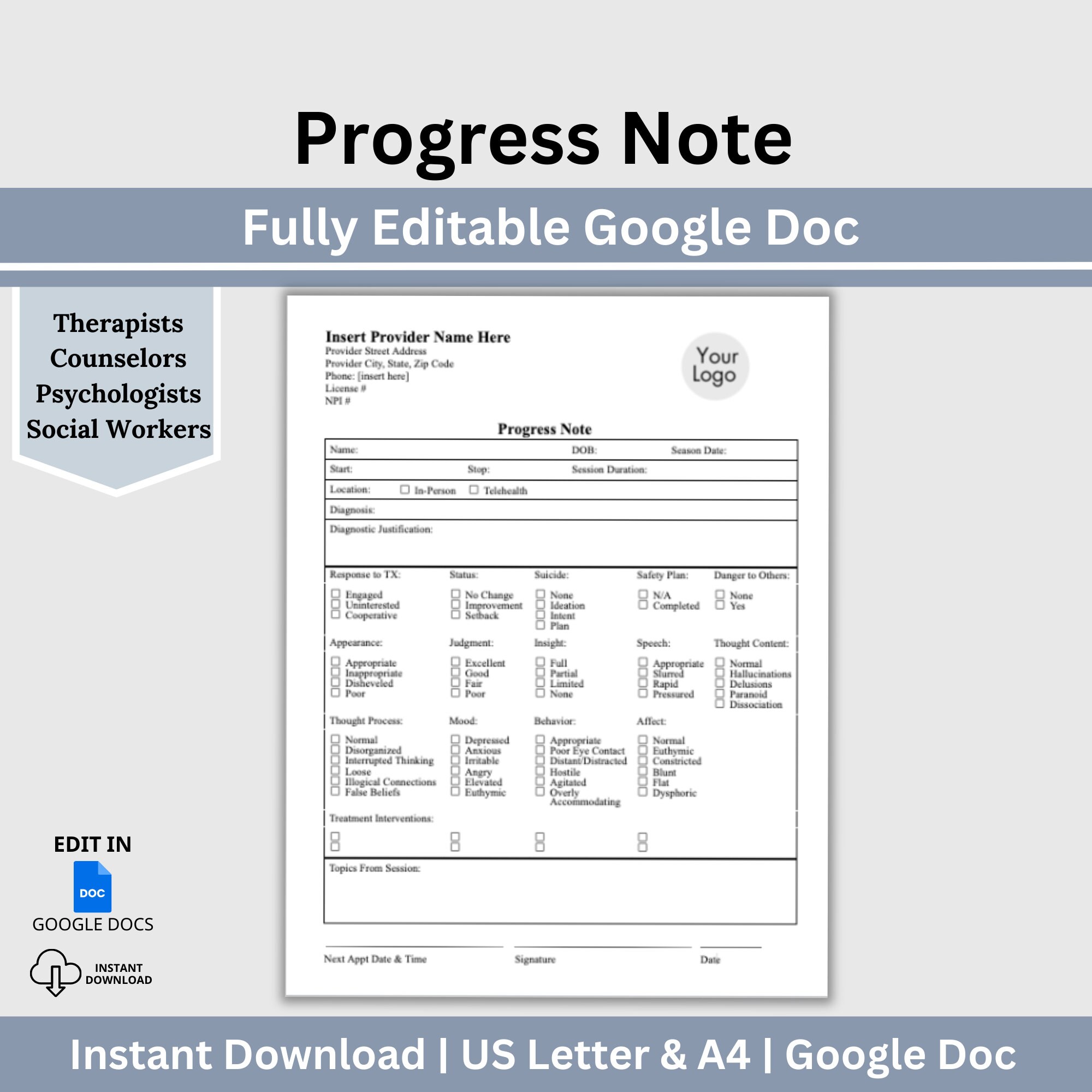 Therapy Notes for Therapist Office, Progress Notes Google Doc, Clinical ...